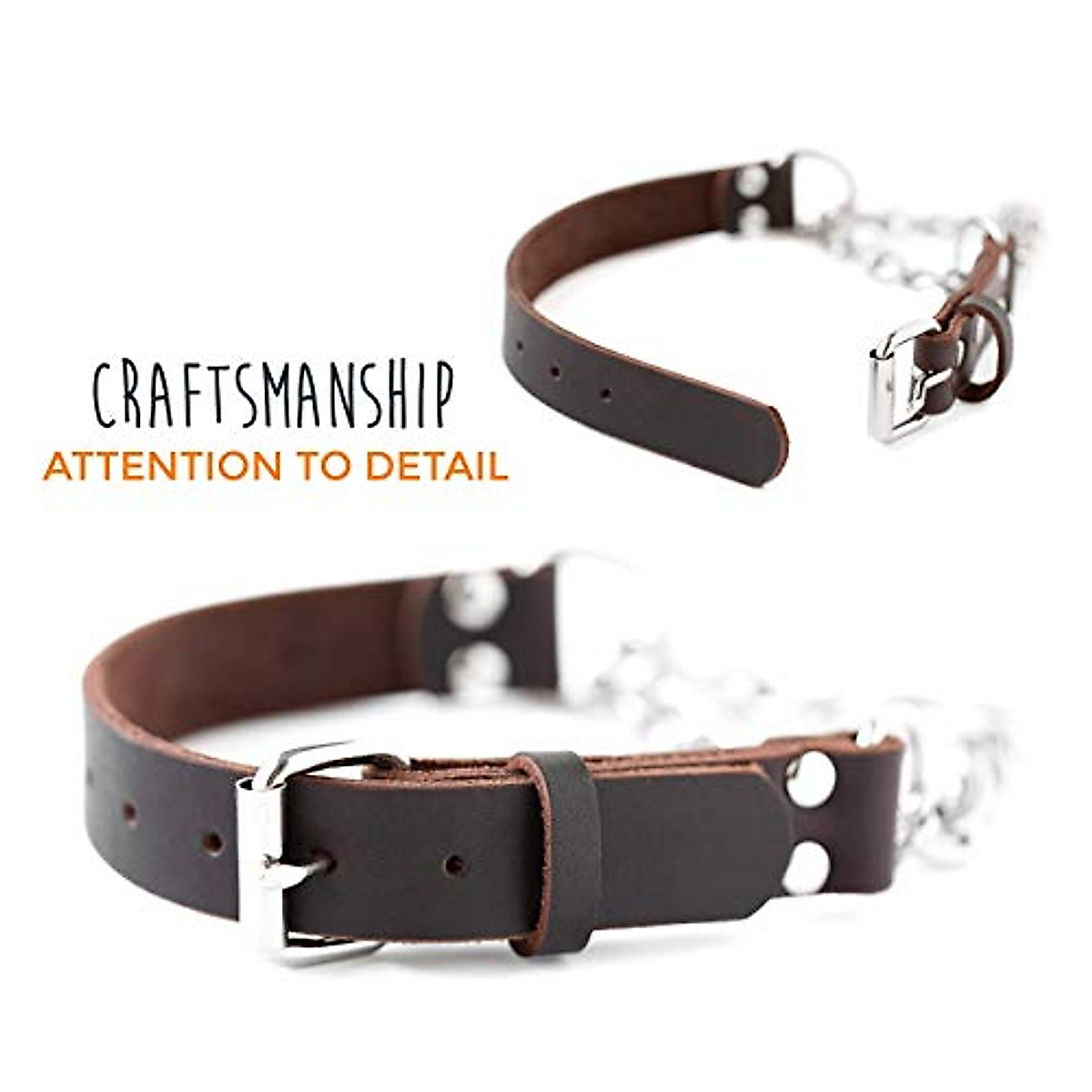 Mighty Paw Leather Martingale Dog Collar | Premium No Pull Dog Collar Martingale Collar for Dogs, Stainless Steel Chain, Limited Chain Cinch Training Collar. for Large, Medium and Small Dogs (Brown)