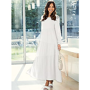 ANRABESS Women’s Boho Casual Loose Puff Long Sleeve Crewneck Asymmetric Tiered Beach Maxi Long Dress 596bai-M White