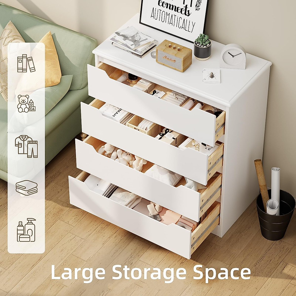 Bealife 4 Drawer Dresser, White Dresser for Bedroom for Storage, Modern Chest of Drawers with Recessed Handle and Anti-Tipping Device for Office, Living Room, Hallway