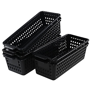 Idotry 6-Pack Slim Plastic Storage Trays Baskets, Black Small Storage Basket