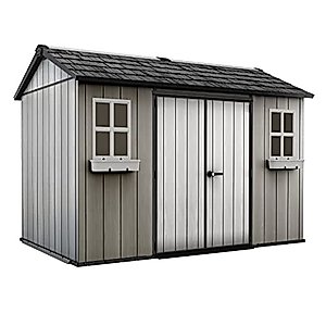 Keter Oakland 11’ X 7.5' Customizable Outdoor Resin Storage Shed - Perfect for Large Items and Durable Construction with Skylight and Victorian Style Windows