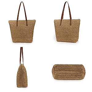 Womens Large Straw Beach Tote Bag Handmade Woven Shoulder Bag Handbag Purse for Summer (Brown)