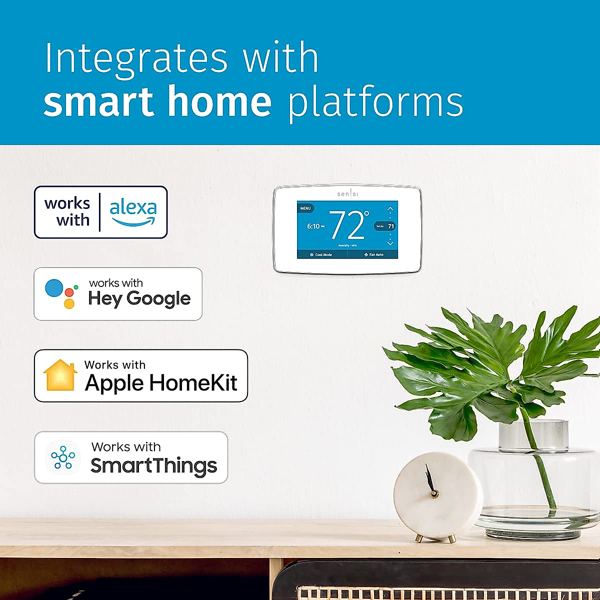 EMERSON Sensi Touch Wi-Fi Smart Thermostat with Touchscreen Color Display, Works with Alexa, Energy Star Certified, C-wire Required, ST75W , White
