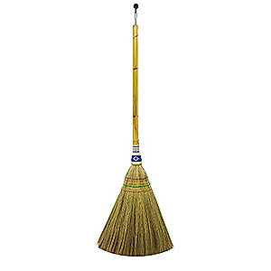 Hand Brush Broom L 22 Inch Natural Grass Broom with Mini Bamboo Handled Red/Blue Indoor Outdoor Smooth Hard Floor Sweeping Cleaning Handmade Home, Kitchen, Bedroom, Lobby Room,Whisk Broom (Classic)