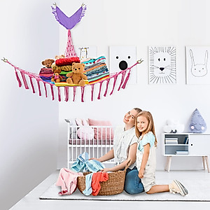 SMTTW Stuffed Animal Net or Hammock, Macrame Toy Hammock with Boho Tassels, Stuffed Animal Hammock Display Hanging Pet Net, Plushie Hammock Corner Net Holder for Nursery Bedroom Playroom Storage(Pink)