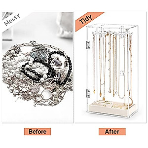 Necklace Holder, Acrylic Jewelry Organizer with 24 Hooks, Rotation Clear Necklaces Pendant Display Case Stand, Dust-proof Velvet jewelry Tray Hanging Rack Storage for Earrings Rings Necklaces