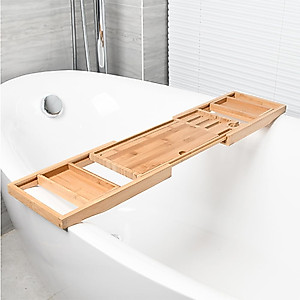 Bathtub Caddy Tray Bamboo Expandable Bath Tray Waterproof for Tub with Wine Holder Built in Book Tablet Integrated Wineglass Holder Phone Tray & Accessories Placement 23.6“ （expands to 34 inches）