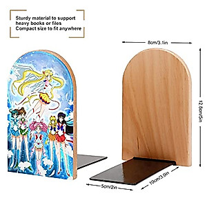 Anime Poster Moon Bookends Wood Book Divider Decorative Shelves Non-Skid Book Stand 2 Pieces for Office Home