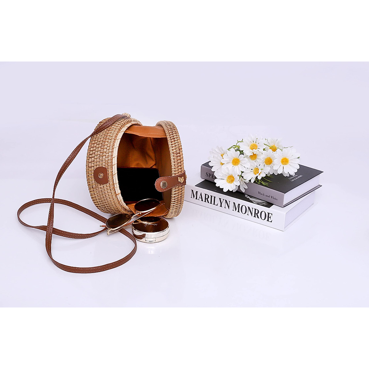 Zerodist Round Rattan Bags for Women Handmade Wicker Women Purse Handbag Crossbody Shoulder Womens leather Straps Purse (3)