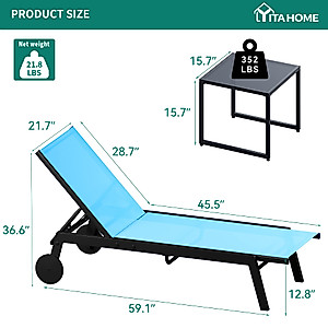 YITAHOME Patio Chaise Lounge Set of 3, Outdoor Lounge Chairs with Side Table, Adjustable Backrest Poolside Loungers with Wheels for Pool Beach Patio Lawn Porch - Blue