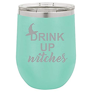 MIP Brand 12 oz Double Wall Vacuum Insulated Stainless Steel Stemless Wine Tumbler Glass Coffee Travel Mug With Lid Drink Up Witches Funny Halloween (Teal)
