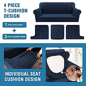 H.VERSAILTEX Sofa Cover 4 Piece T Cushion Sofa Slipcovers Thick Velvet Couch Cover Furniture Protector Stretch T Cushion Sofa Covers for 3 Cushion Couch with 3 Individual T Cushion Covers, Navy
