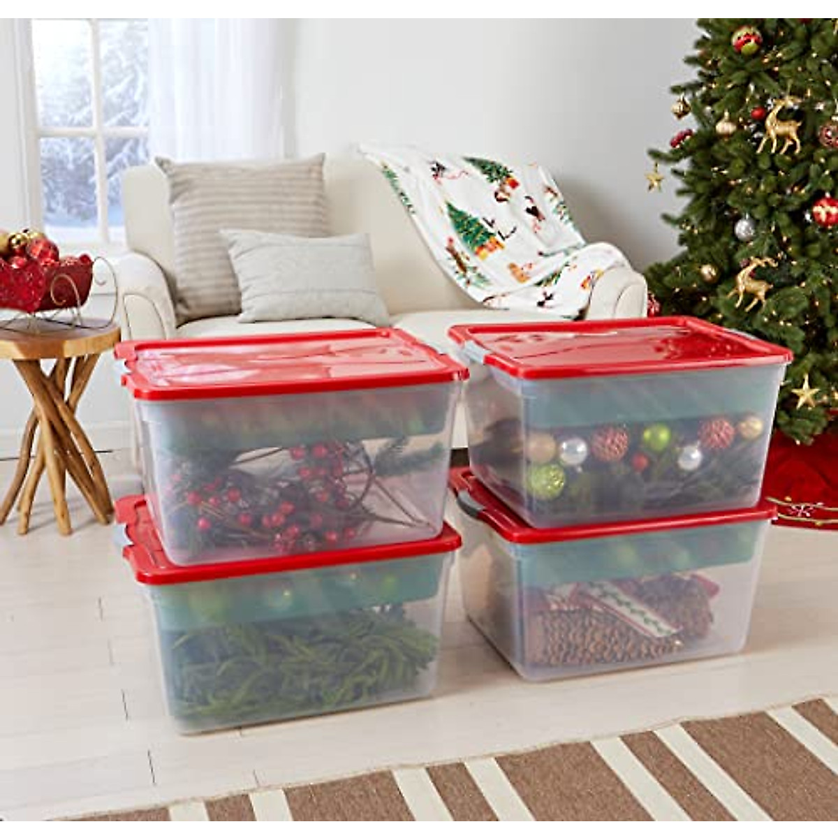 Rubbermaid Cleverstore Clear Holiday 71 Qt Bins with Tray Inserts, Built-In Handles to Maximize Storage, Great for Holiday Decor, Clear Base, Red Lid with Green Tray, Pack of 4