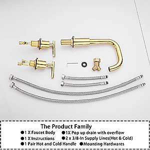GGStudy 360° Swivel Spout Two Handles 3 Holes 8-16 inch Widespread Bathroom Sink Faucet Gold Finish Matching with Pop Up Drain