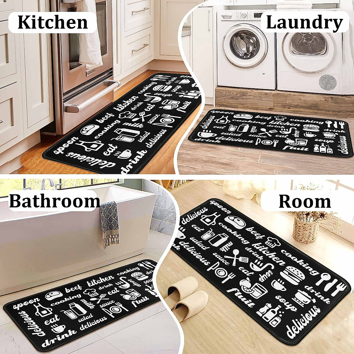 Black Kitchen Rugs Set of 2 - Kitchen Floor Mats Non-Slip Backing - Kitchen Mat Washable Doormat Runner Rug Set for Home Accessories and Decor 17x47.2 and 17x30 inches.