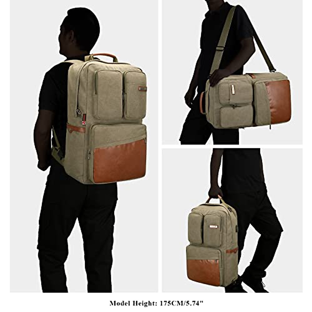 WITZMAN Canvas Backpack with USB Charging Port Large Travel Backpack Luggage Duffel Bag for Airplane Carry On Fit 17 inch Laptop for Men Women (6617 Green)