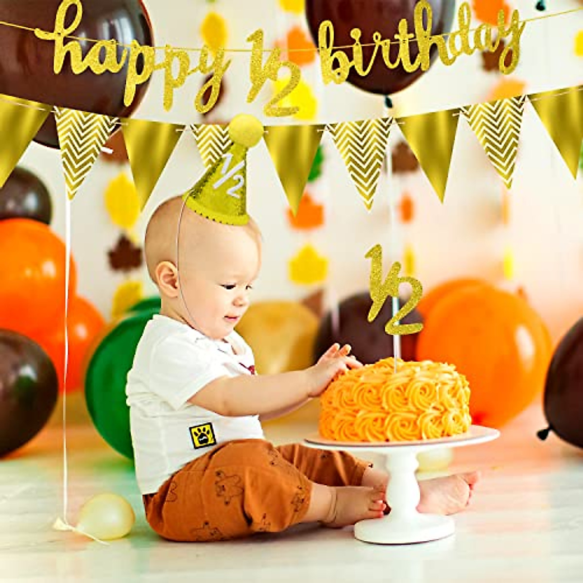 LHMTQVK Happy 1/2 Birthday Banner Pre-Strung 6 Months Banner, Half Birthday Banner 1/2 Birthday Crown Hat, 1/2 Half Year Cake Topper- for Baby's 6 Months Birthday Party Decoration Set… (Gold)