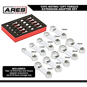 ARES 43036 – 10-Piece Metric 12-Point Box End Torque Adapter Extension Set – 3/8-Inch Drive - Extensions for Torquing in Hard to Reach Places – Chrome Vanadium Steel Construction – EVA Foam Tray
