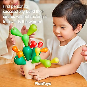 PlanToys Balancing Cactus Toy - Colorful Sustainably-Made Wood Balance Game for 1-4 Players with Base and 18 Cactus Branches to Build Without Toppling