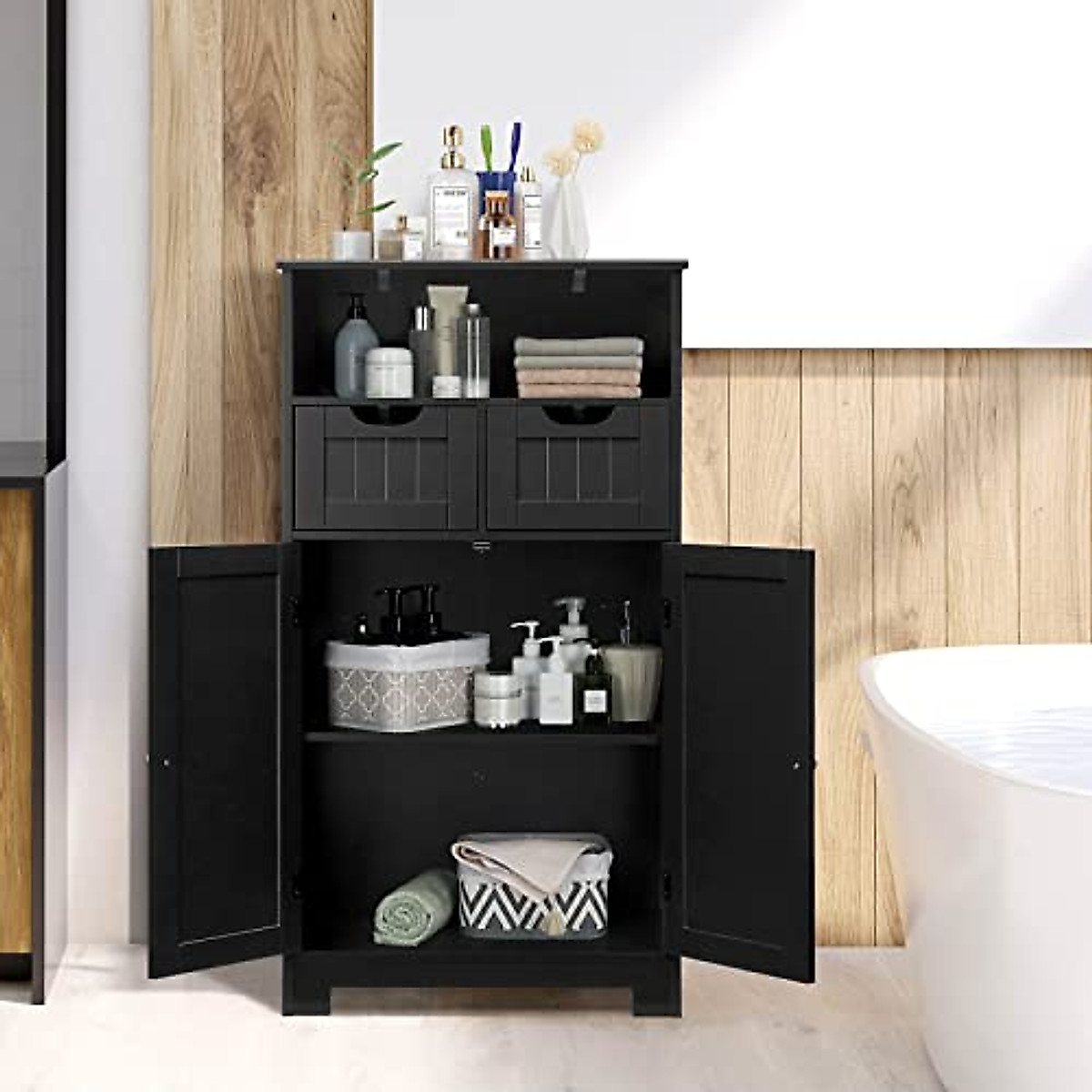 COSTWAY Bathroom Storage Cabinet, Freestanding Storage Organizer with 2 Drawers & Adjustable Shelf, Wooden Floor Cabinet for Living Room, Bedroom, Kitchen, Entryway (Black)