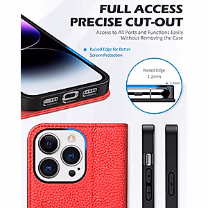 SHIELDON Wallet Case for iPhone 14 Pro 2022, Genuine Leather Folio Case Magnetic Closure RFID Blocking Card Slots Kickstand Full Protection Case Compatible with iPhone 14 Pro 6.1" - Litchi Grain Red