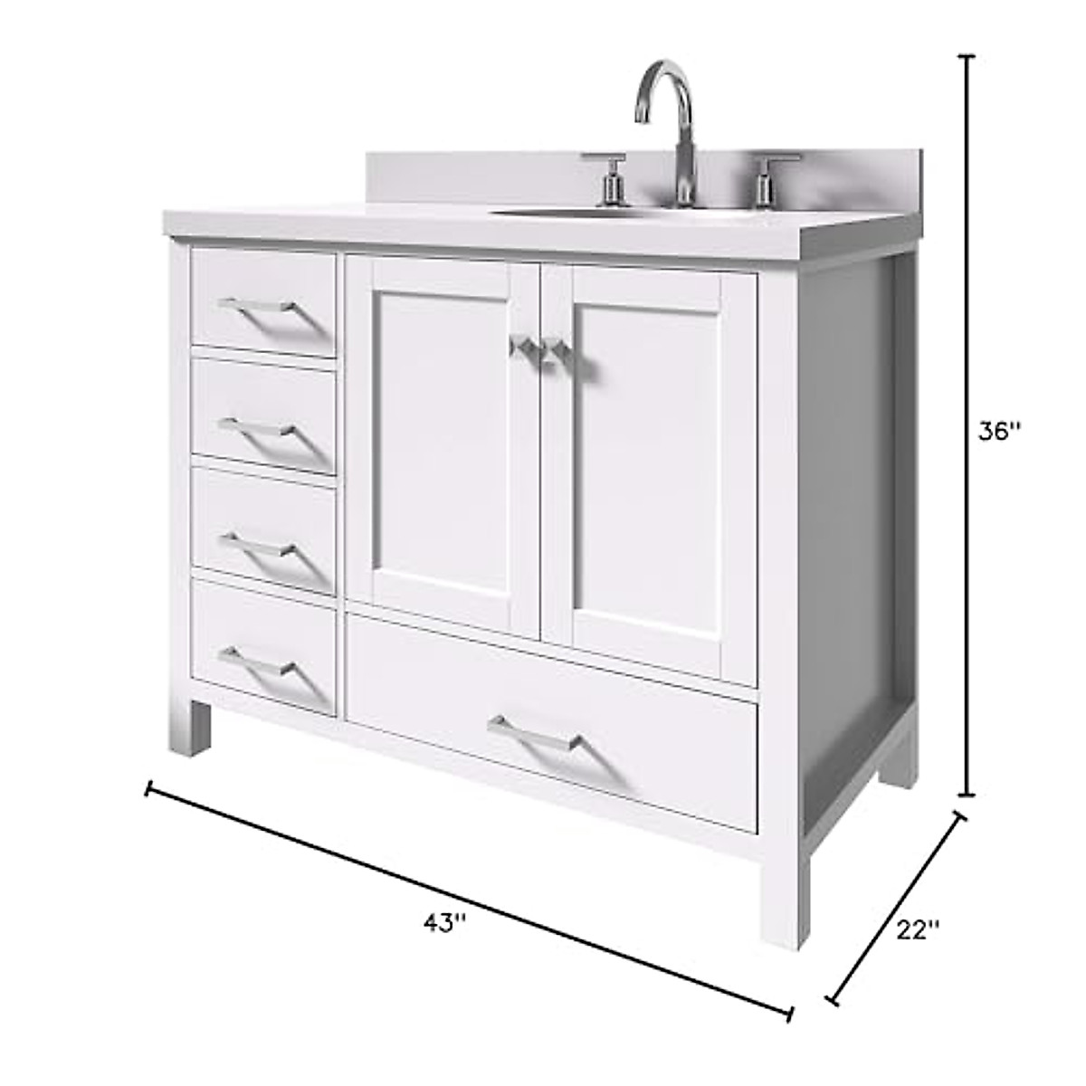 ARIEL Bathroom Vanity 43" Inch in White with Pure White Quartz Countertop, Right Offset Oval Sink 2 Soft Closing Doors and 5 Full Extension Dovetail Drawers, No Mirror