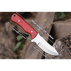Exemplary Knives 9'' Handmade Fixed Blade knife with Cowhide Leather Sheath with integrated belt loop Stainless Steel Blade and Highly Polishing Red Pakkawood handle with Comfortable Grip for Outdoor Hunting, Hiking, Skinning, Camping and Bushcrafting.