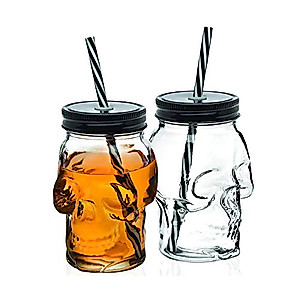 Skull Mason Jar Mug Glass Tumbler Glass Cups with Cover and Straw, Halloween Decor, Drinking Glasses - 16oz, Set of 2