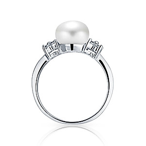 Bling Jewelry Traditional Timeless Wedding Pave CZ Band White Cultured Button Pearl Solitaire Engagement Promise Ring for Women Side Stones Silver Plated 8MM