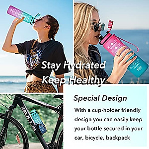 Enerbone 32 oz Water Bottle, Leakproof BPA & Toxic Free, Motivational Water Bottle with Times to Drink and Straw, Fitness Sports Water Bottle with Strap for Office, Gym, Outdoor Sports, Pink-Green
