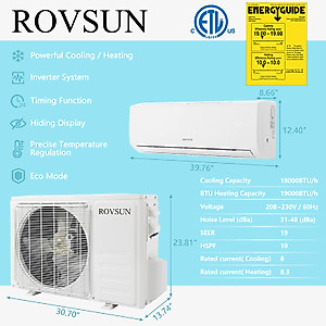 ROVSUN 18,000 BTU Ductless Mini Split AC/Heating System, 230V / 19 SEER Split-System Wall Air Conditioner Pre-Charged Inverter Heat Pump with 16ft Installation Kit (1 set)
