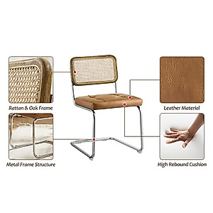 Zouron Mid-Century Modern Dining Chairs, Leather Accent Kitchen Chairs with Rattan Back, Armless Upholstered Fabric Spone Chairs with Chrome Metal Legs, Set of 2, Yellwo Brown