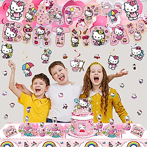 Kawaii Birthday Party Supplies, Kawaii Birthday Party Decorations Set Include Banner, Tattoos Invitation Cards, Hanging Swirls, Stickers, Tableware, Cake Toppers, Balloons, Kawaii Cute Party Favors