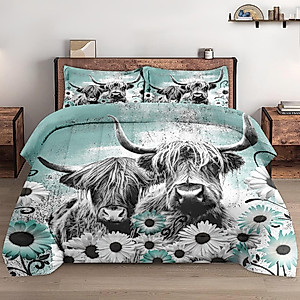 WeCozy Comforter Set Queen Size with 2 Pillowcases, Highland Cow Animal 3 Pcs Bedding Set for Kids and Adults, Buffalo Bull Farm Daisy Soft Comforter Set for Bedroom Bed Decor