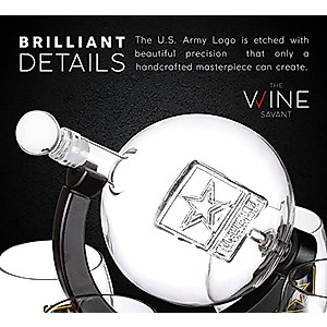 Army Globe Whiskey Decanter Set & 4 Liquor Glasses - US Army Whisky Decanter & Glass Set with Wood Base and 9 Whiskey Stones - Army Gifts for Men - Bourbon and Scotch Decanter – Military Veteran Gifts