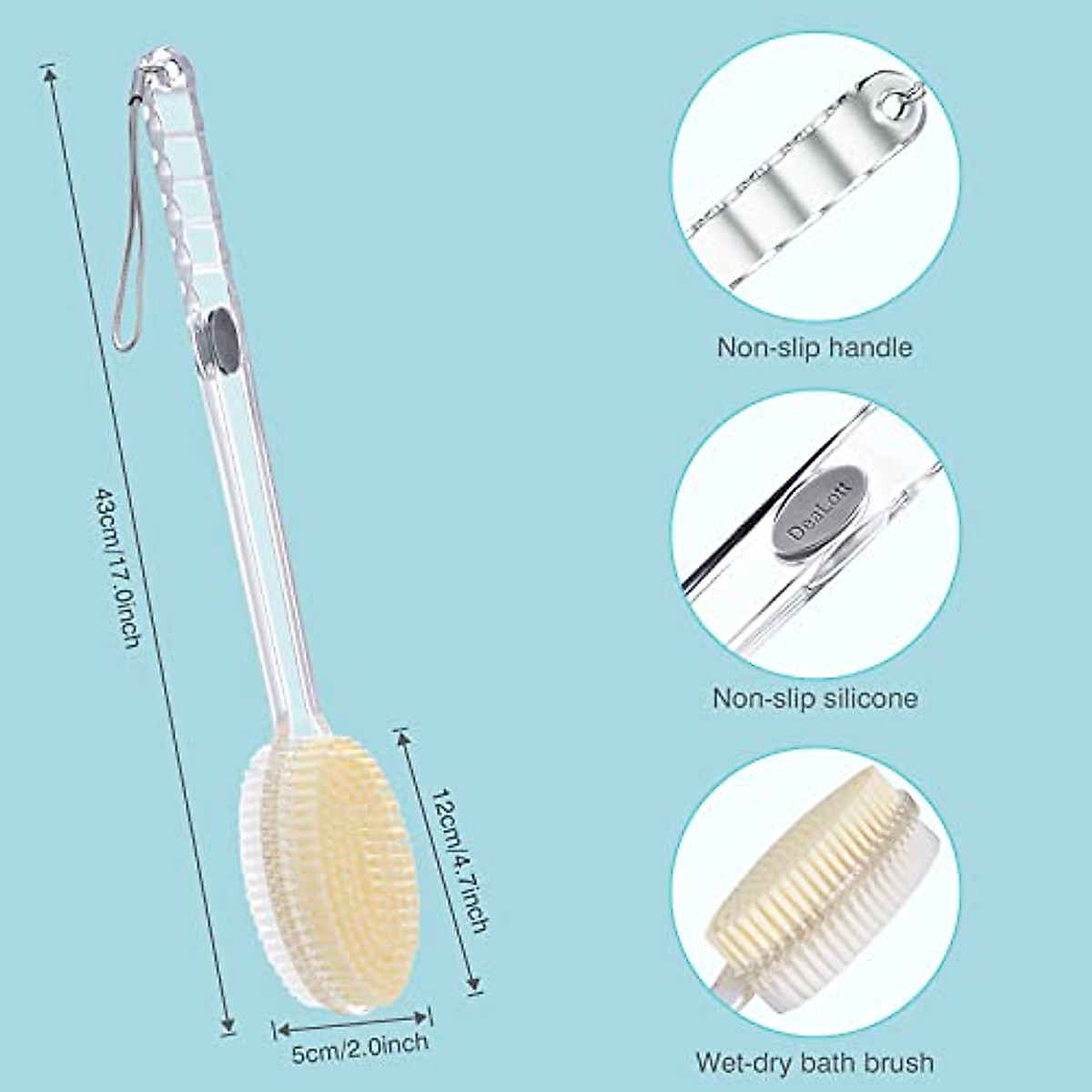 DeaLott Dual-Sided Back Scrubber for Shower, Long Handle Back Brush with Stiff and Soft Bristles, Wet and Dry Body Brush Exfoliator, Shower Brush for Body Men Women