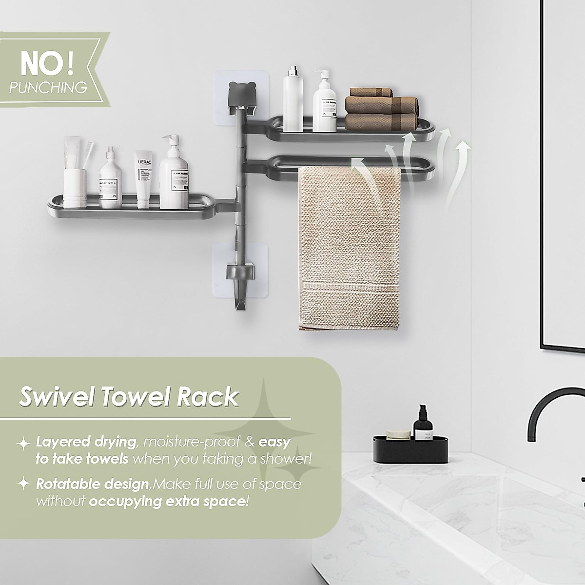 Pysrych No Drill Swivel Towel Rack Wall Mounted 3-Arm Towel Bar ABS Self-adhesive Towel Holder with Hook for Bathroom Shower Kitchen Grey