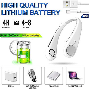 Portable Personal Bladeless Neck Fans, USB Rechargable Hanging Necklace Bladeless Fan, Hand Free Wearable Neck Fan Battery Operated Personal Fan 4 Speeds 360 Degree Free Rotation Air Cooling for Outdoor Activity (White)
