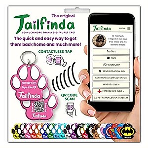 Tailfinda Contactless Cat or Dog Tag - Lightweight Pet ID Tags for Dogs and Pets, Scan QR Code or Tap Dog Collar Tag for Online Pet Profile, Water-Resistant Personalized Dog Tags