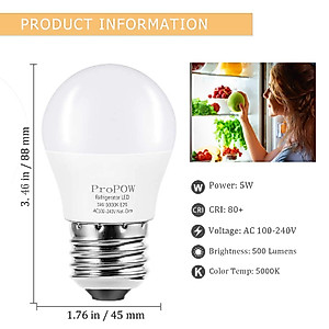 ProPOW LED Refrigerator Light Bulb, 40W Equivalent 120V A15 Fridge Bulbs 5 Watt Daylight White 5000K E26 Medium Base, Energy Saving Freezer Ceiling Home Lighting, Not-Dim, Waterproof, 4 Pack