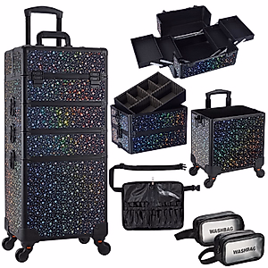Stagiant Rolling Makeup Case 4 in 1 Cosmetology Case on Wheels Makeup Travel Case with Brush Waist Bag Key Swivel Wheels Salon Barber Case Traveling Cart Trunk Cosmetic Trolley Balck Star