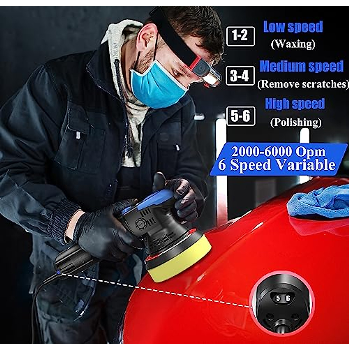RAYBAO Polisher Novice Friendly, 6inch Car Buffer Polisher 6 Speeds & 2000-6400OPM Dual Action Orbital Polisher More Secure for Car Detailing, Random Polisher Kit for Car Polishing Waxing