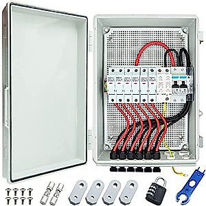 YUUCOO New Upgraded 6 String PV Combiner Box for On/Off Grid Solar Panel System, Solar Combiner Box with 15A Rated Current Fuse, 63A Air Circuit Breaker, Surge Protective Device