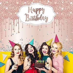 ASOONYUM 7x5ft Pink Gold Happy Birthday Backdrop Rose Golden Sparkling Diamond Background for Photography Girls Women Sweet 16th 18th 21th 40th 50th Birthday Party Decorations Cake Table Banner