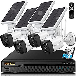 OOSSXX {100% Wire-Free Wireless Solar Cameras} 2-Way Audio, PIR Detection 2-Antennas Enhance Outdoor Wireless Security Camera System WiFi Battery Video Surveillance System