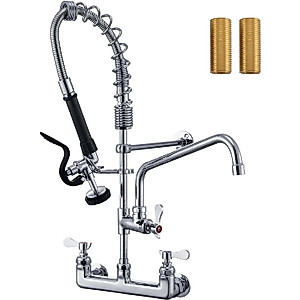 APLWY 25" Height Commercial Faucet with Sprayer, Commercial Sink Faucet 8" Adjustable Center 12" Swing Spout, Commercial Wall Mount Faucet with Pre-Rinse Sprayer for Restaurant Industrial (25In)
