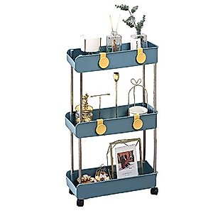 Melody House 3-Tier Slim Mobile Shelving Unit on Wheels, Slide Out Rolling Bathroom Storage Organizer, Utility Carts Shelf Rack for Kitchen Bathroom Laundry Room Narrow Places, Navy Blue