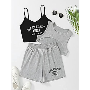 Verdusa Women's 3 Piece Tracksuit Letter Print Cami Top Crop Tank and Shorts Sets Black Grey XL