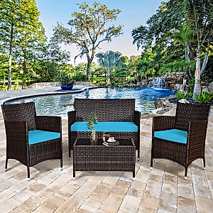 Toolsempire 4 Pieces Patio Sofa Set, Wicker Conversation Set with Ergonomic Curved Backrest, Rattan Furniture Set with Water-Resistant Cushion & Tempered Glass Table for Balcony, Porch (Turquoise)