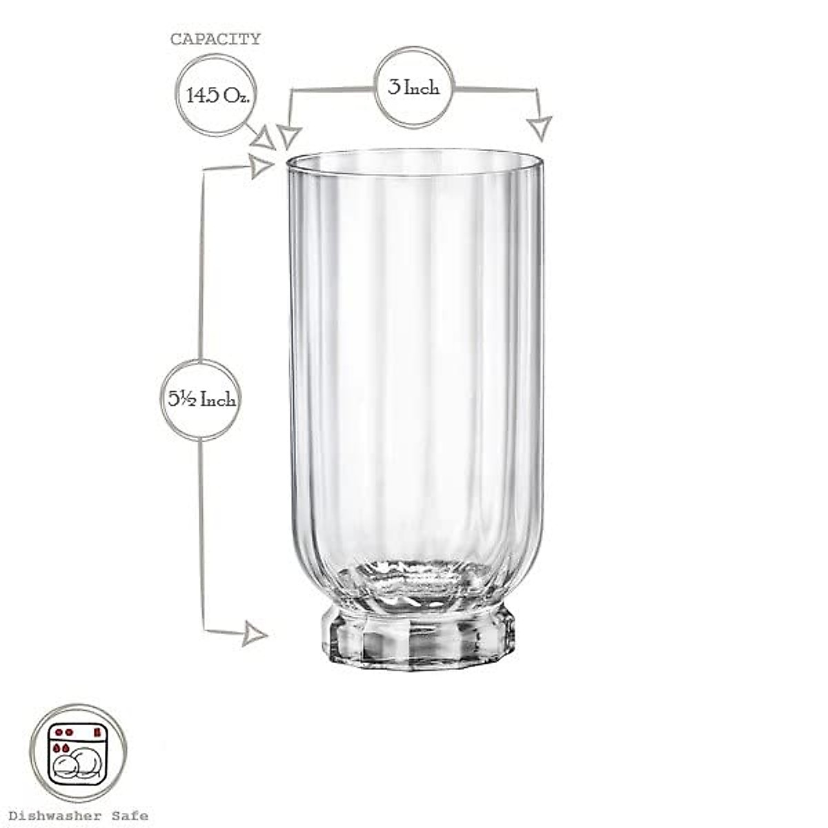 Bormioli Rocco Florian 14.5 oz. Highball Cocktail Beverage Drinking Glasses, Clear, Set of 4